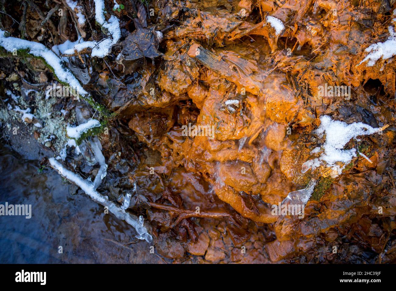 Output of mineral ferruginous springs, orange color of iron ocher ...