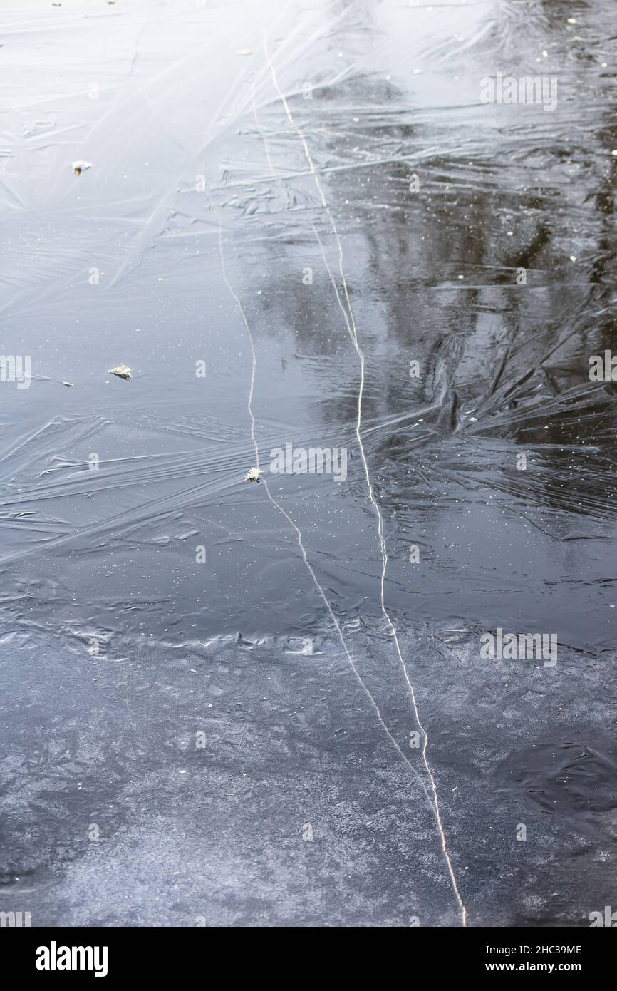 Fresh thin ice on the pond. The beginning of ice formation on the river ...
