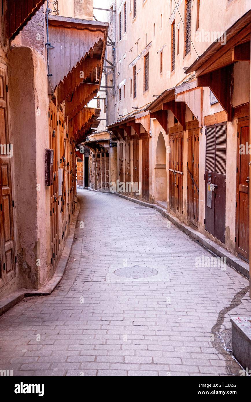Footpath or narrow alley amidst residential structure with closed doors ...
