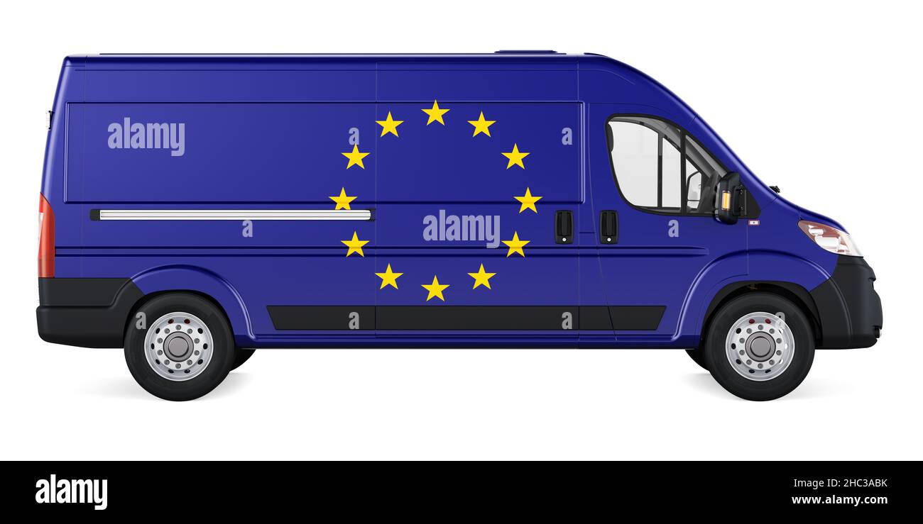 The EU flag painted on commercial delivery van. Freight delivery in the ...