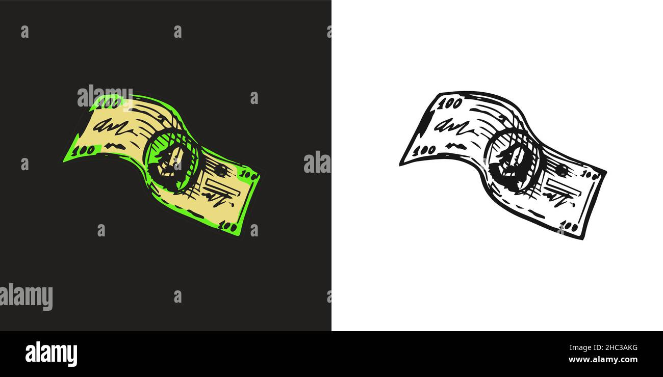 Money in vintage style. Dollar bill. Cash and currency. Hand drawn ...