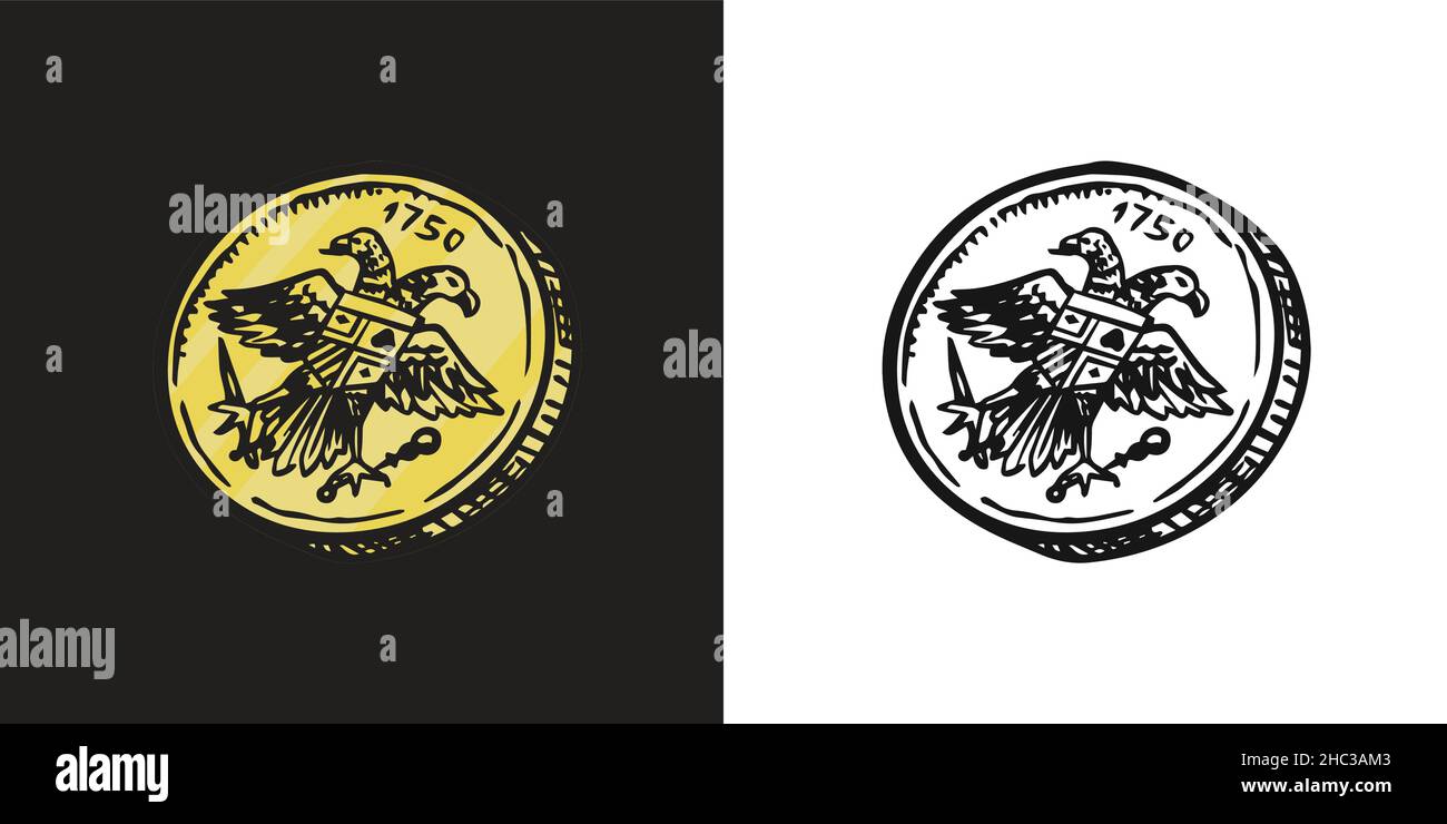 Ancient coin or money. Cash reward. Engraved hand drawn in old sketch ...
