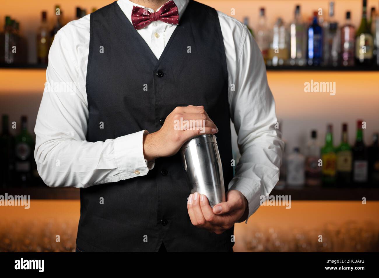 Cool professional bartender making a cocktail, shaking a cocktail ...