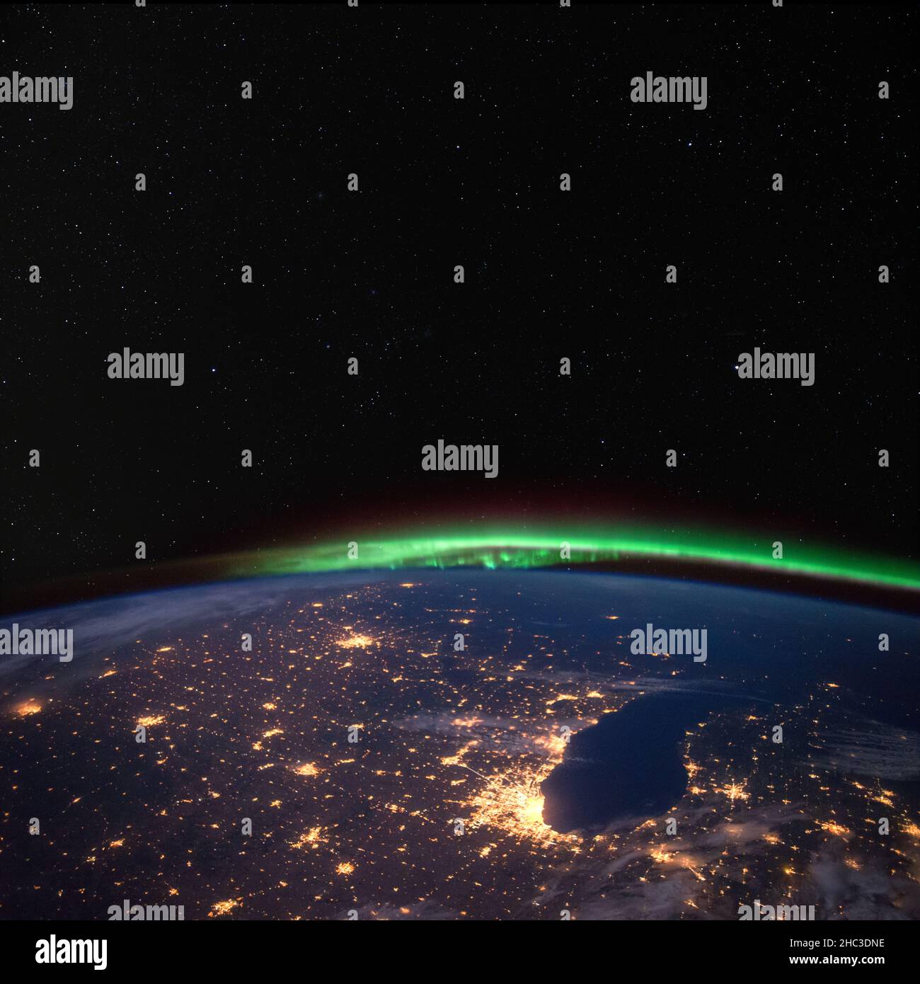 Chicago and lake Michigan from space with the Aurora Borealis. Elements ...