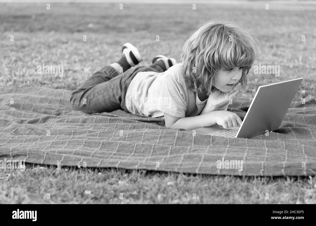 little child use modern wireless laptop on park grass, online education ...