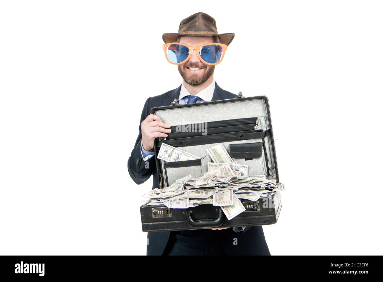 Get A Million Dollars Rich Man Businessman Hold Suitcase With Cash