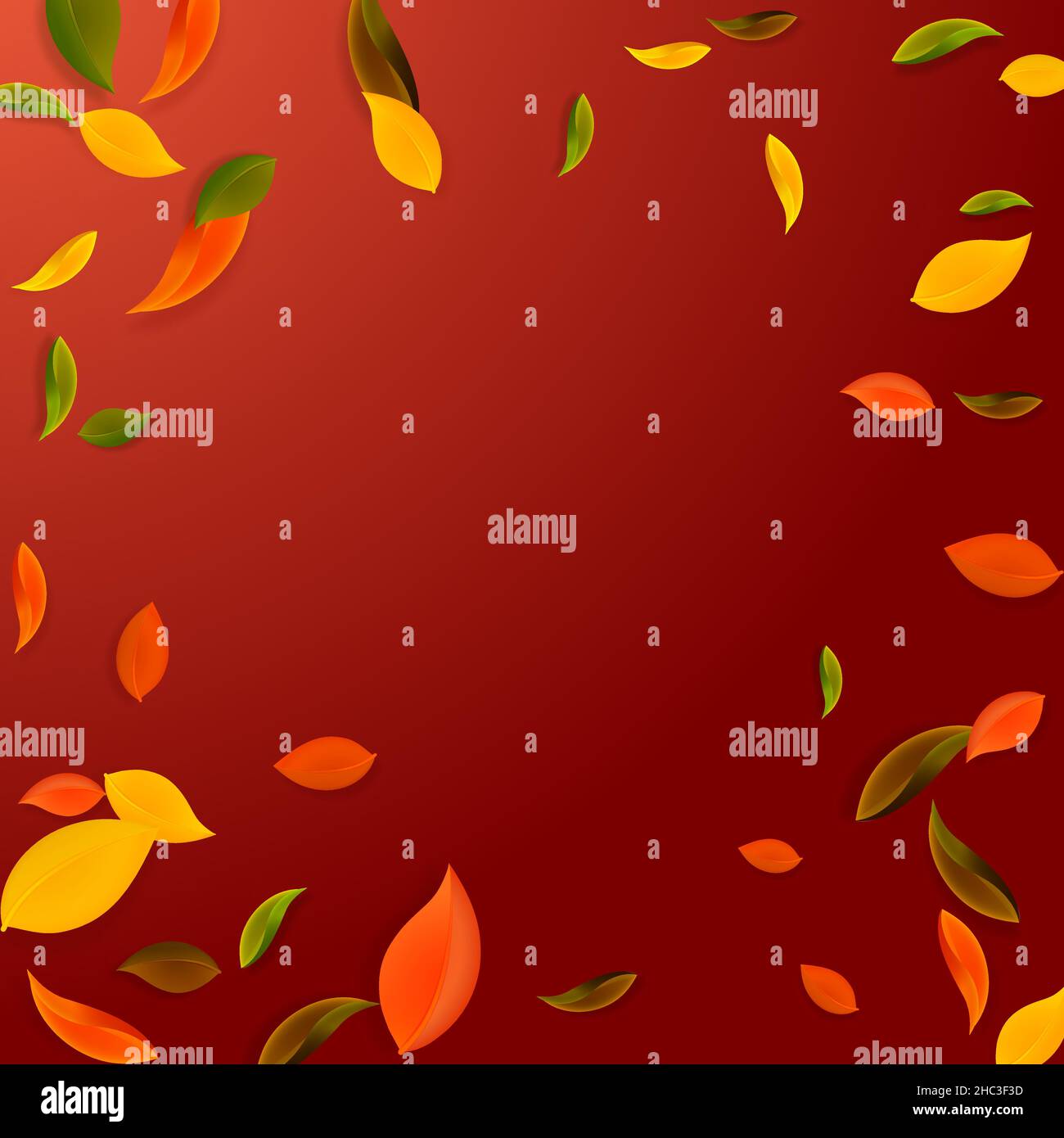 Falling autumn leaves. Red, yellow, green, brown chaotic leaves flying ...