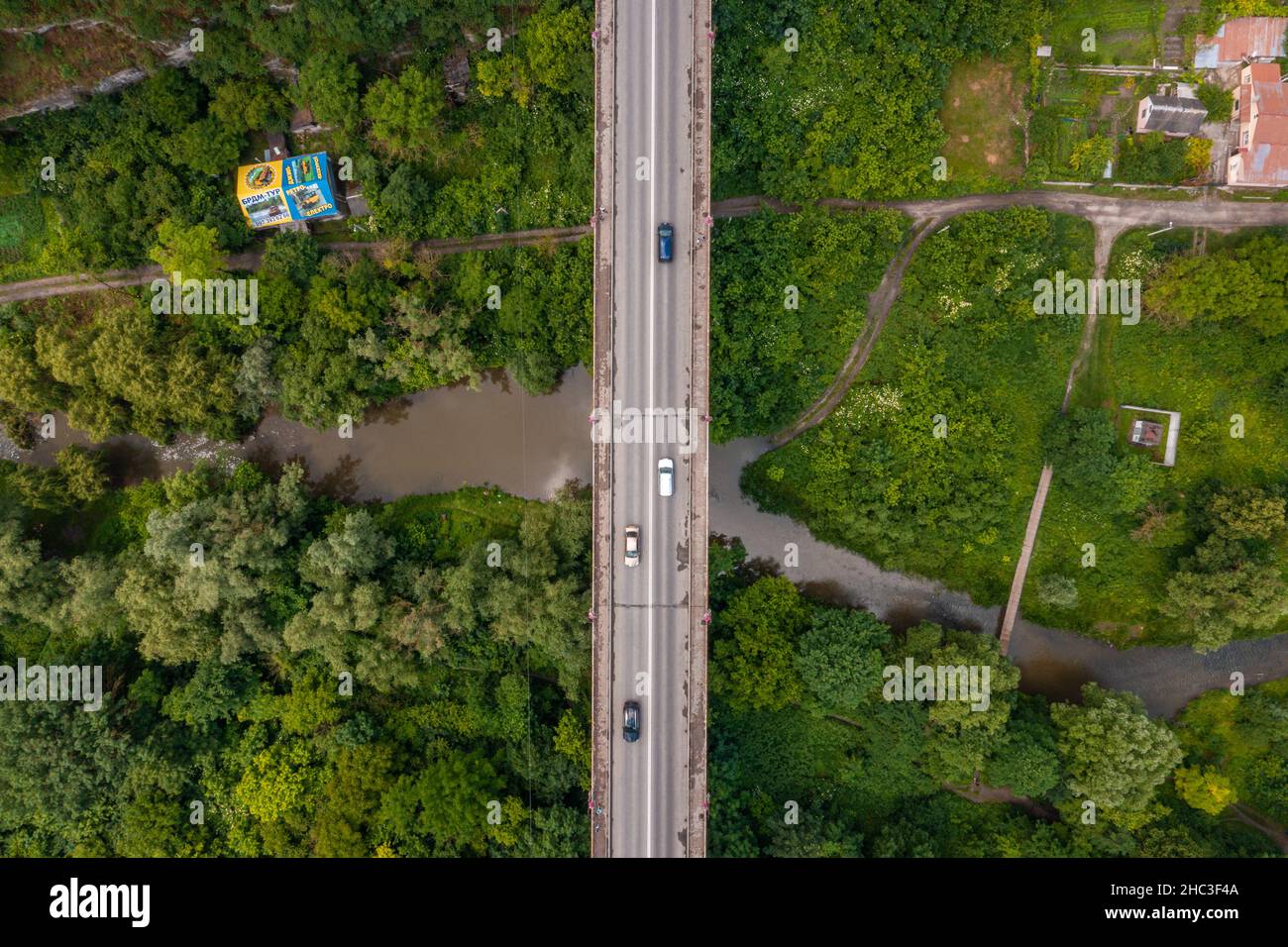 Aerial view of th ebeautiful bridge going over the green valley Stock ...