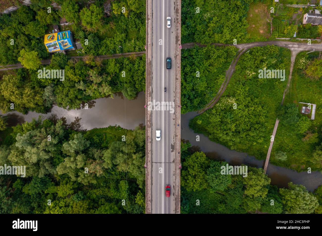 Aerial view of th ebeautiful bridge going over the green valley Stock ...