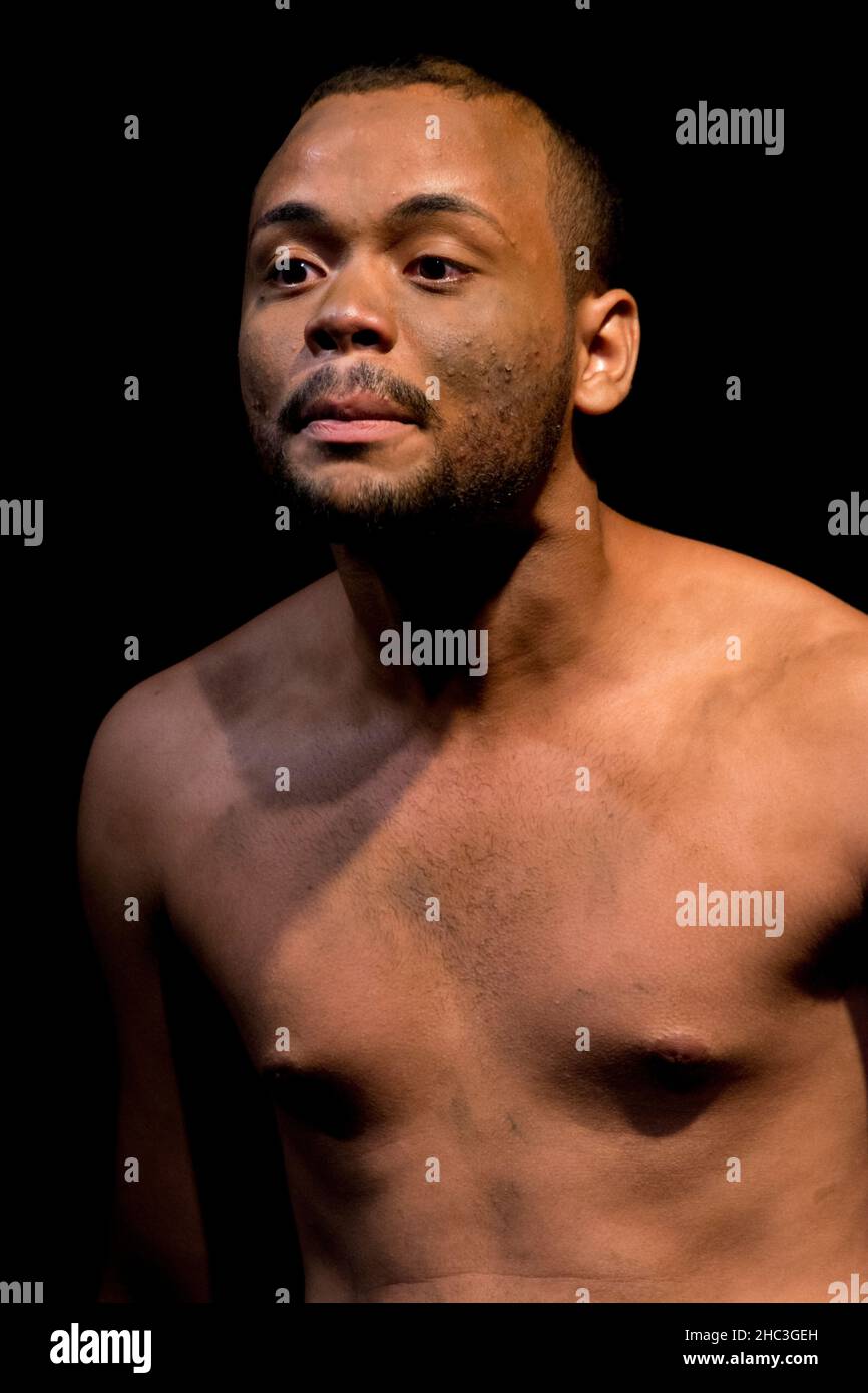 Actor on stage represents a dramatic character. Scene in a theater in ...