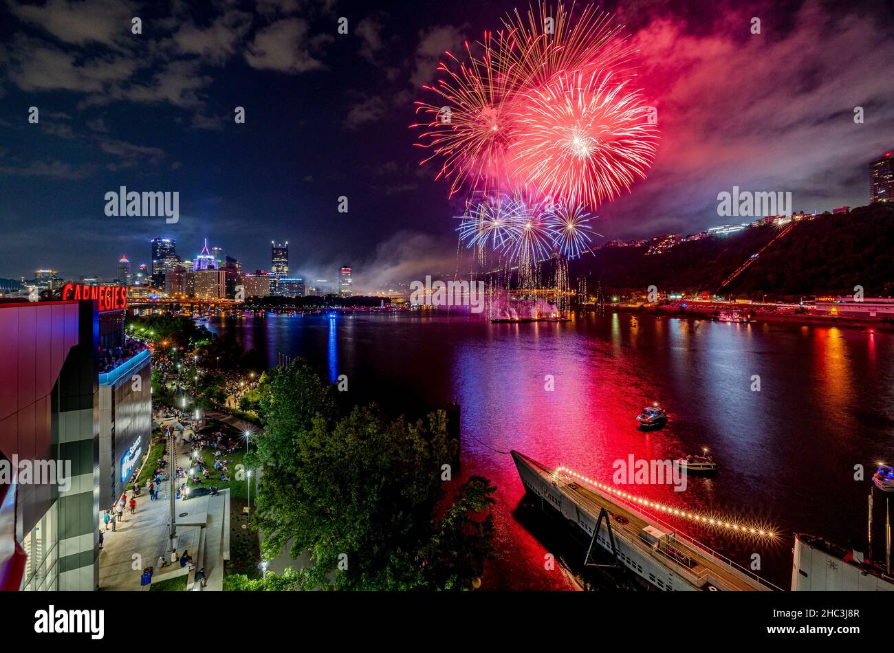 A view of the Pittsburgh fireworks show from the observatory balcony of ...