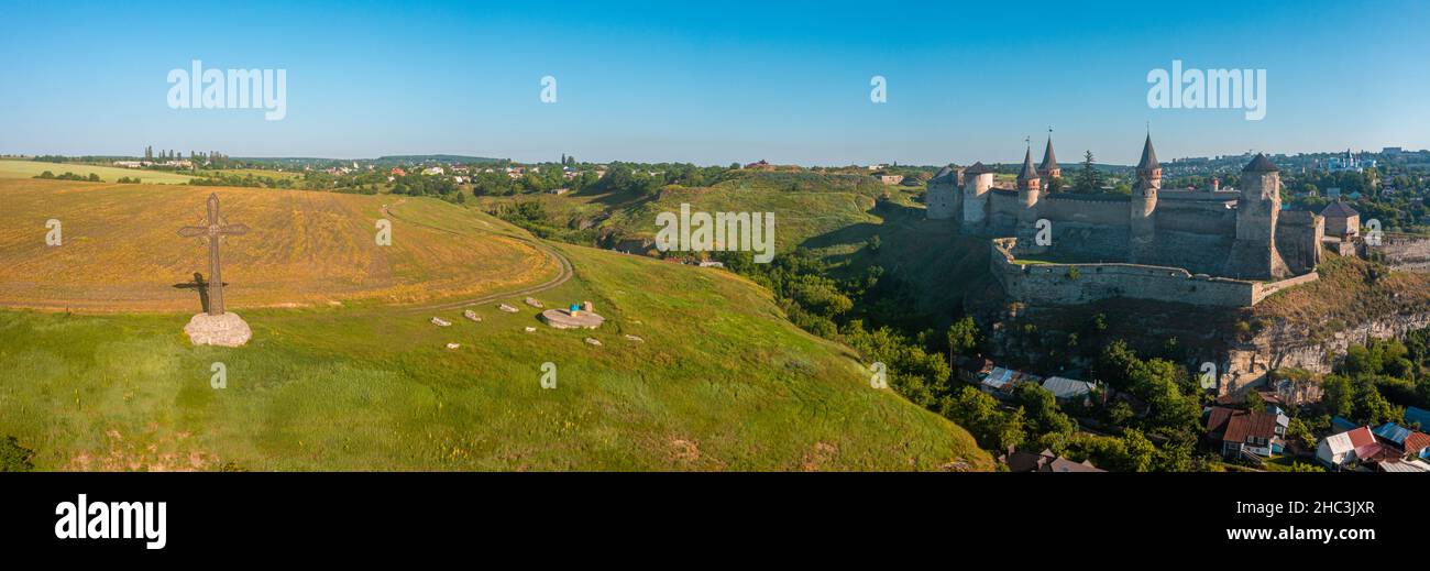 Aerial view of the romantic stone medievel castle on top of the ...