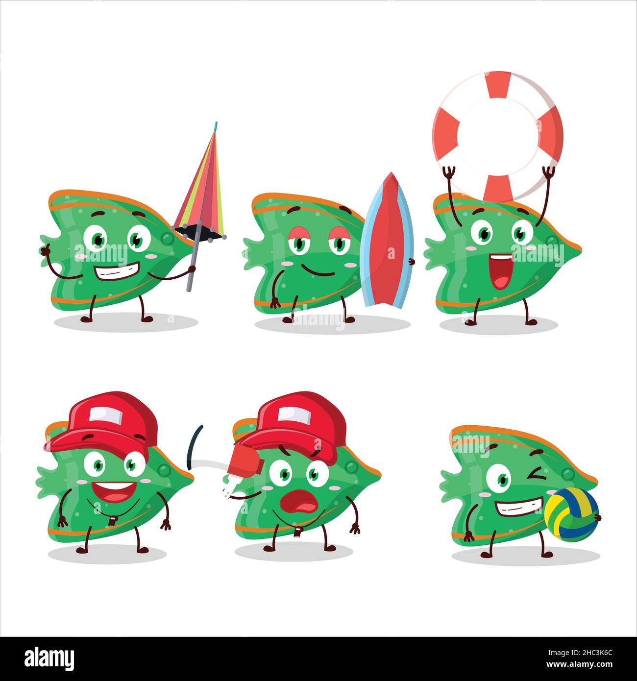 Happy Face fish green gummy candy cartoon character playing on a beach ...