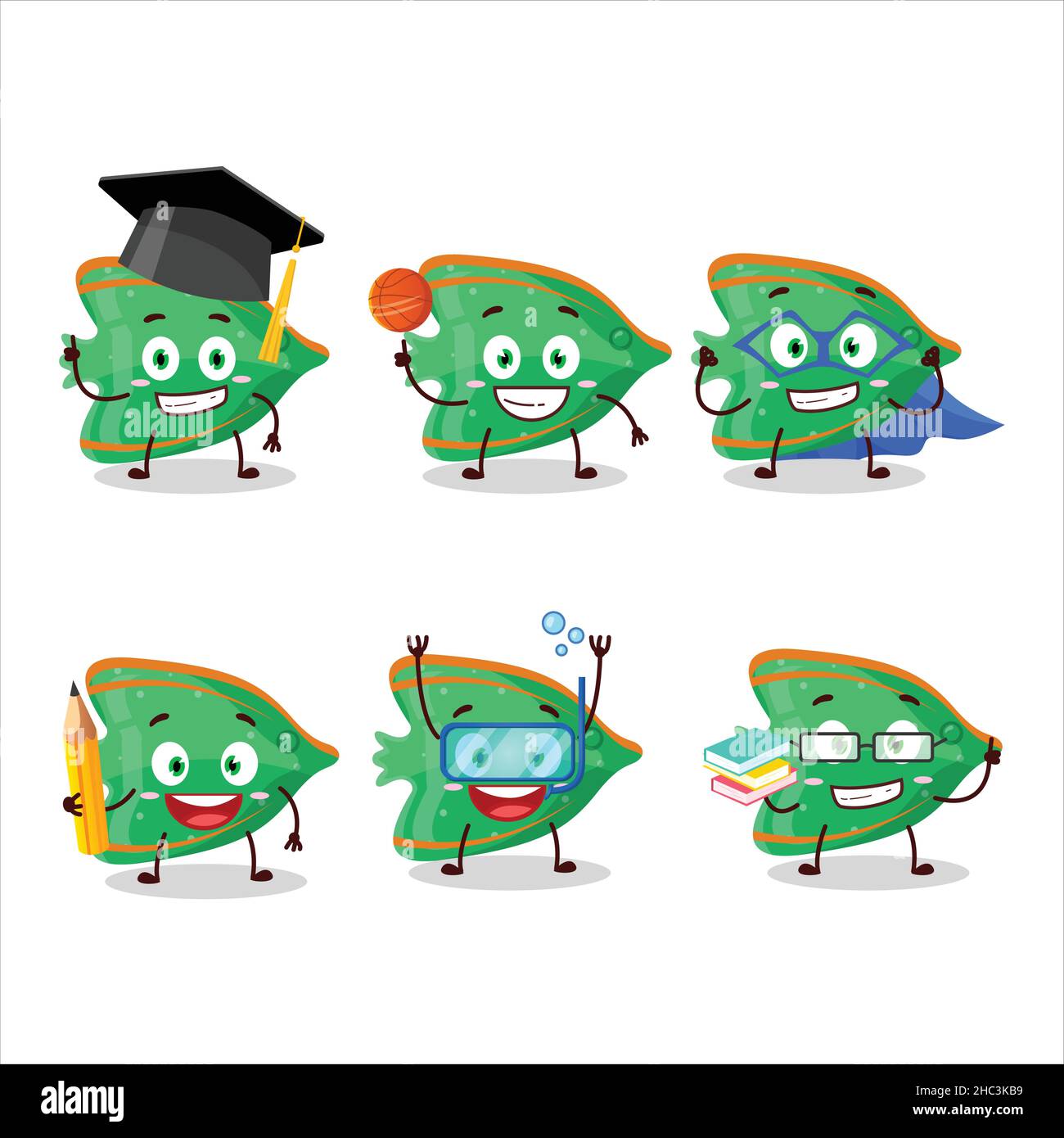 School student of fish green gummy candy cartoon character with various ...