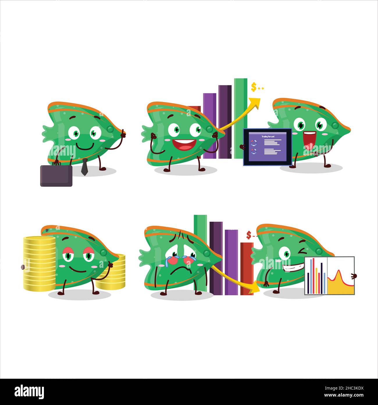 Fish green gummy candy character designs as a trader investment mascot ...