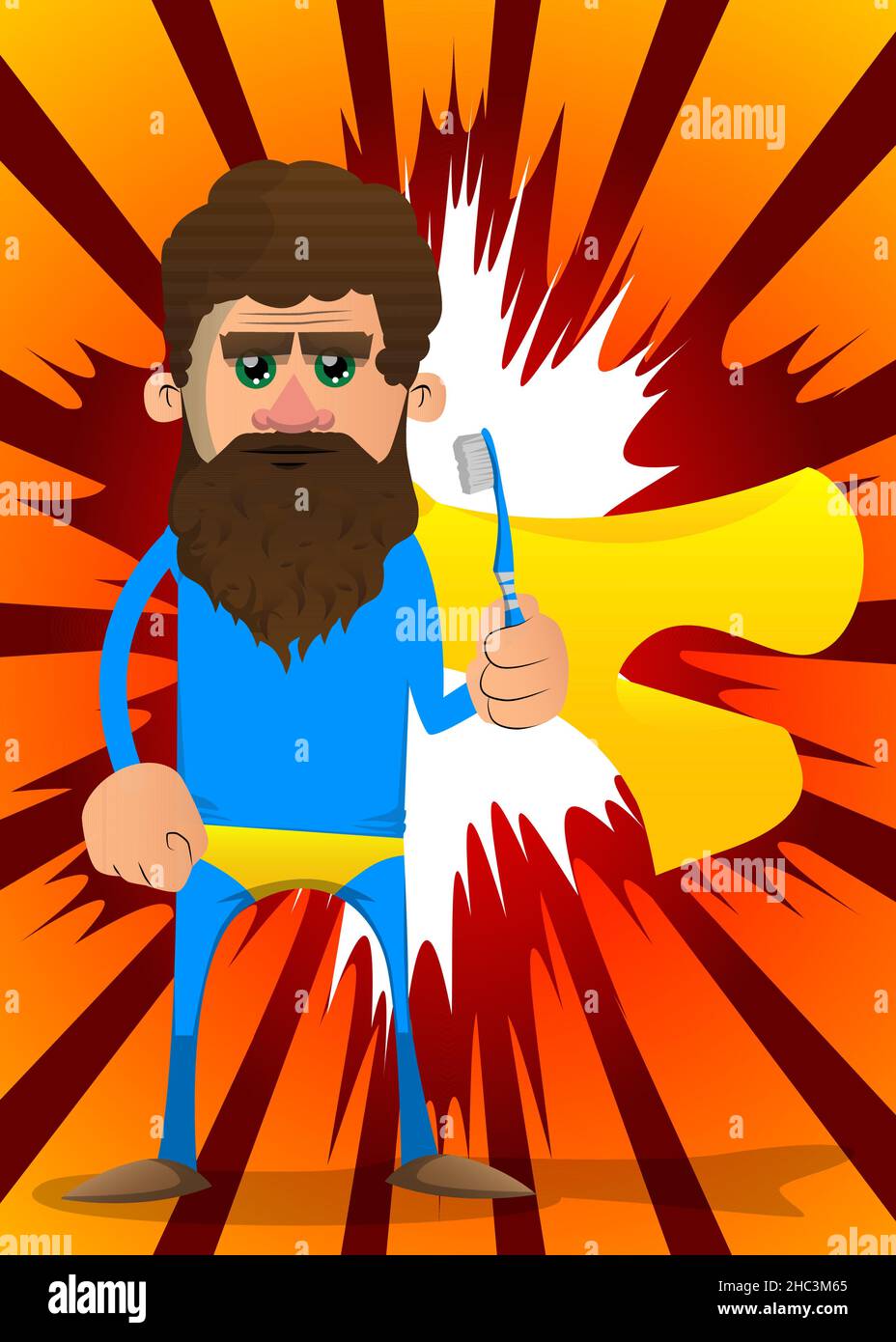 Funny cartoon man dressed as a superhero holding toothbrush. Vector ...