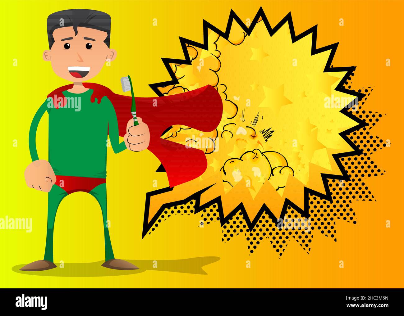 Funny cartoon man dressed as a superhero holding toothbrush. Vector ...