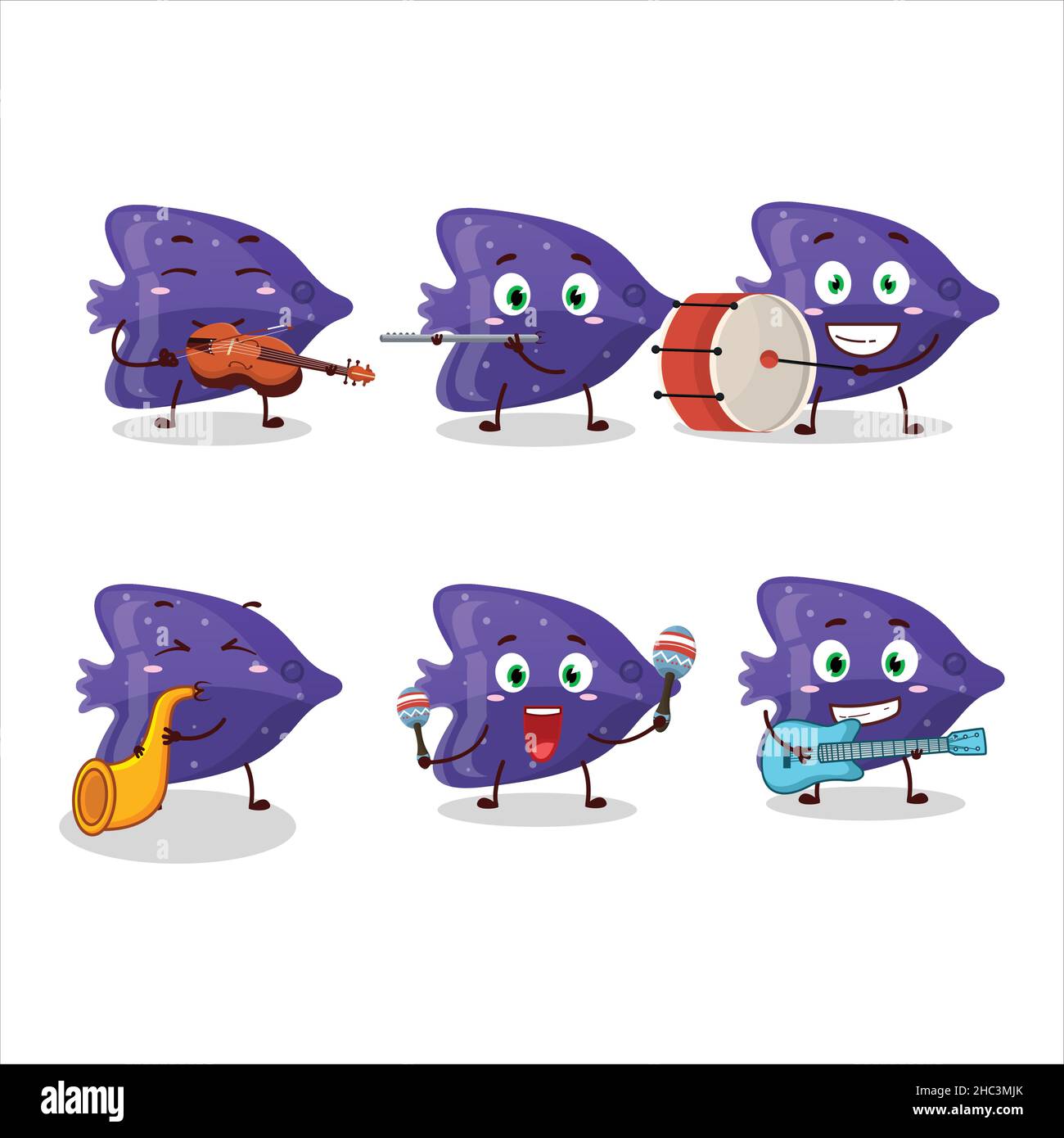 Cartoon character of fish purple gummy candy playing some musical ...