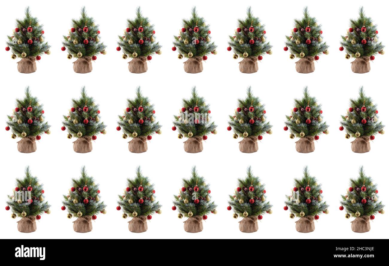 Christmas pine trees in pots wrapped in cloth and decorated with ...