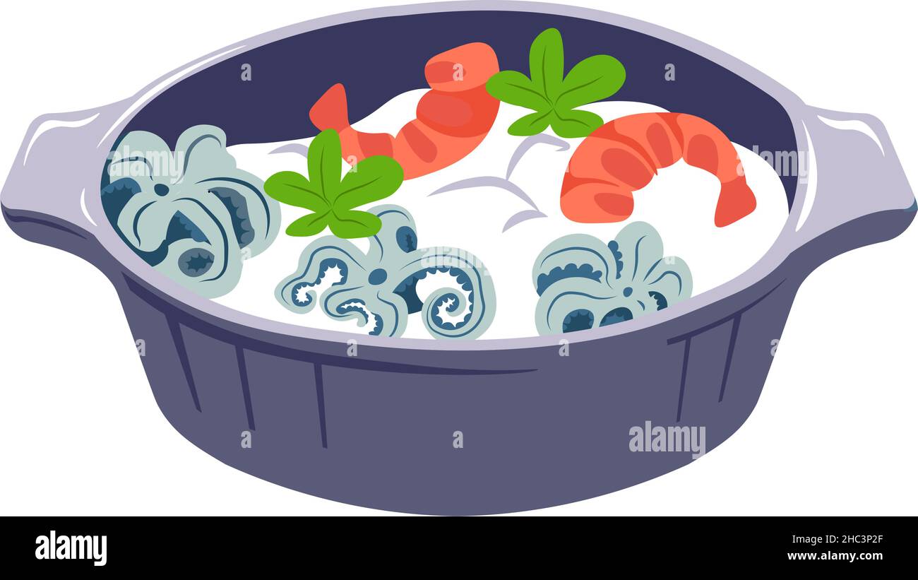 Seafood soup with shrimps and octopus on milk Stock Vector Image & Art ...