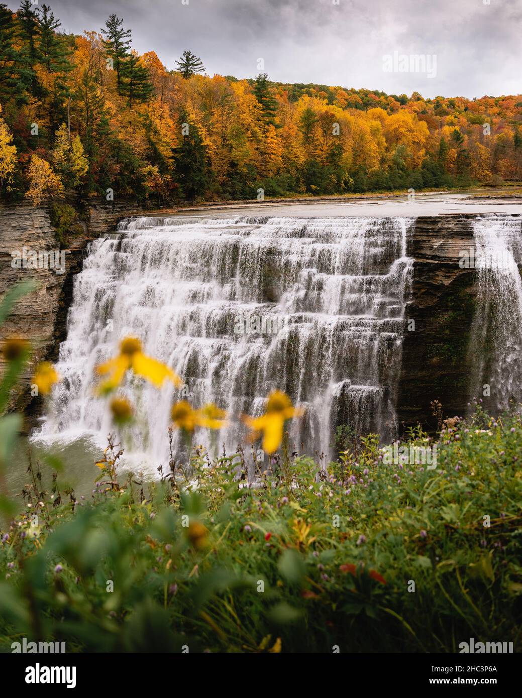 Beautiful foamy waterfall in Letchworth State Park in US in autumn on a ...