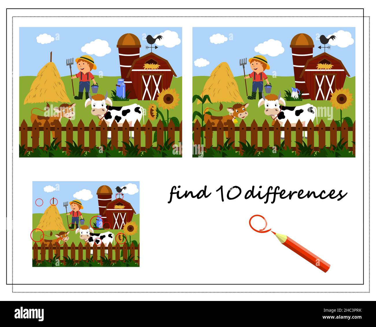 A logical game for children to find the differences. Happy farm, cows ...