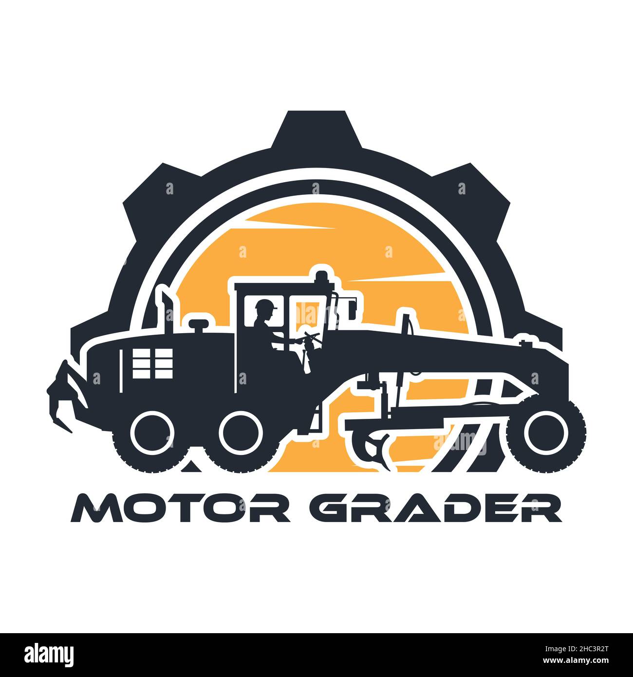 Heavy machinery icon with operator silhouette driving motor grader in ...