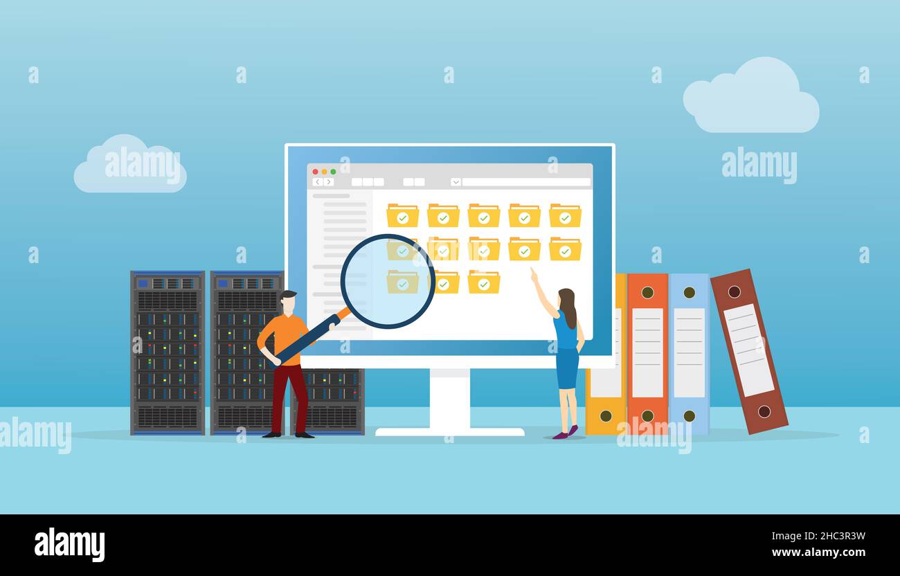 file management concept with people analyzing files on computer with ...