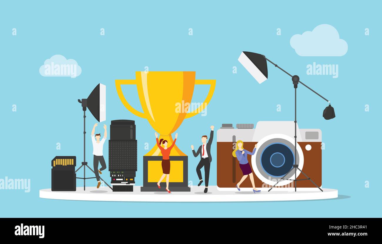 photography competition contest with trophy and happy people with ...