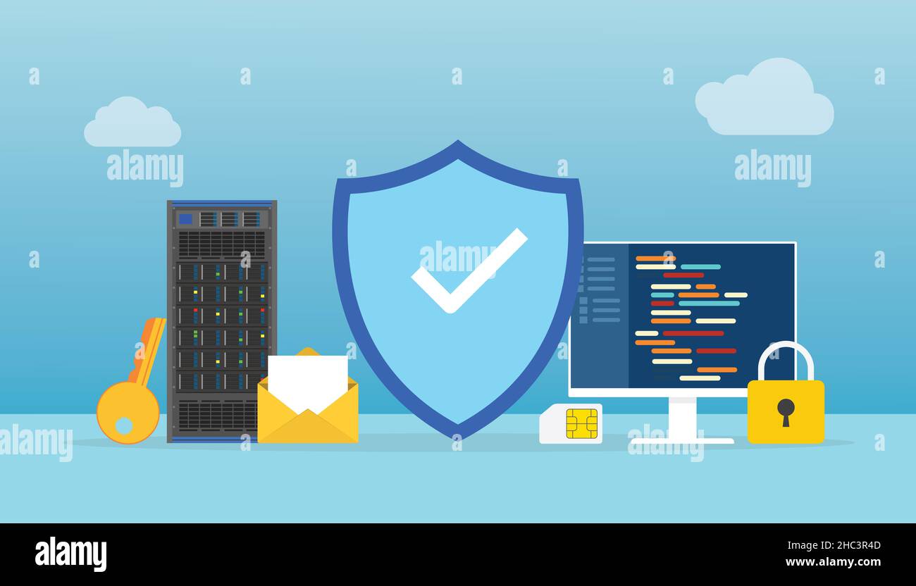 network security concept with shield and padlock server with ...