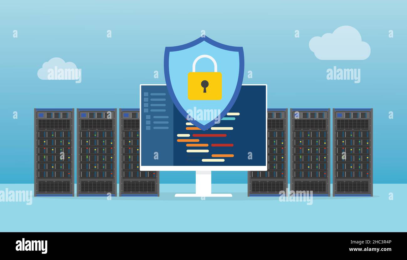 data center security concept with server rack and programming secure ...