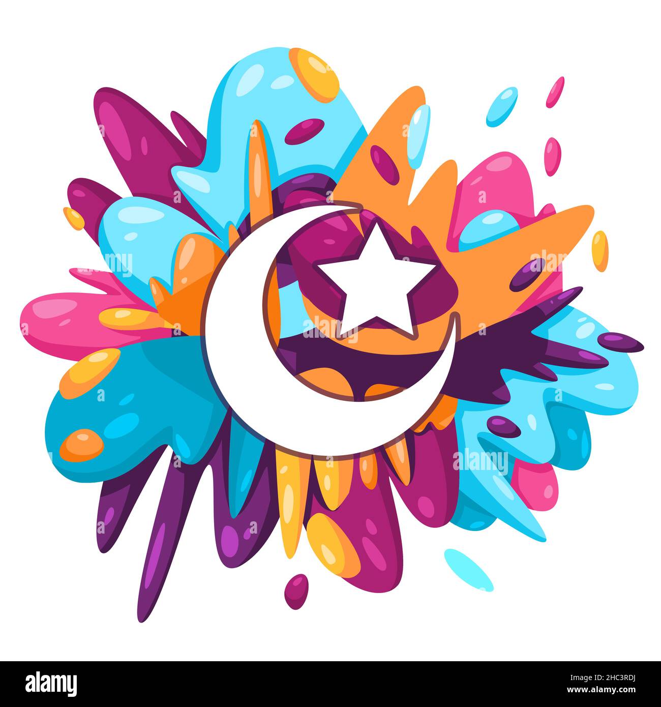 Islam moon crescent star icon in colorful splat paint liquid splashing ...