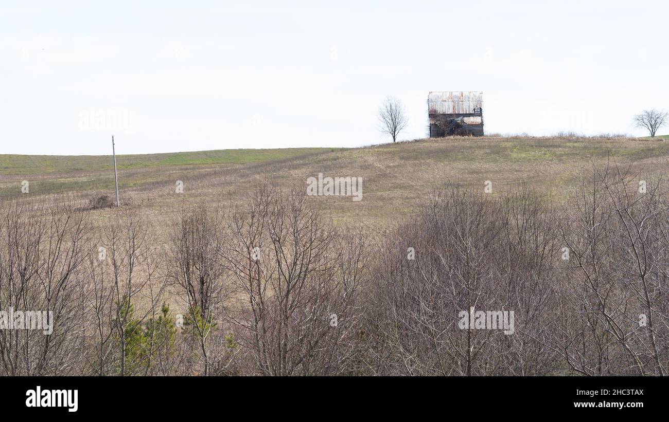 Lonely building with small dry trees against the sky Stock Photo - Alamy