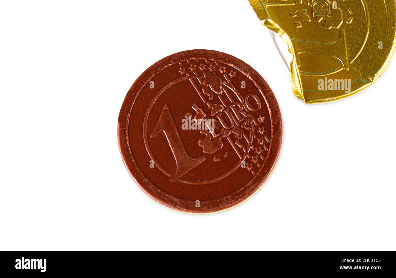 opened Chocolate candy in the form of 1 euro isolated on white Stock ...