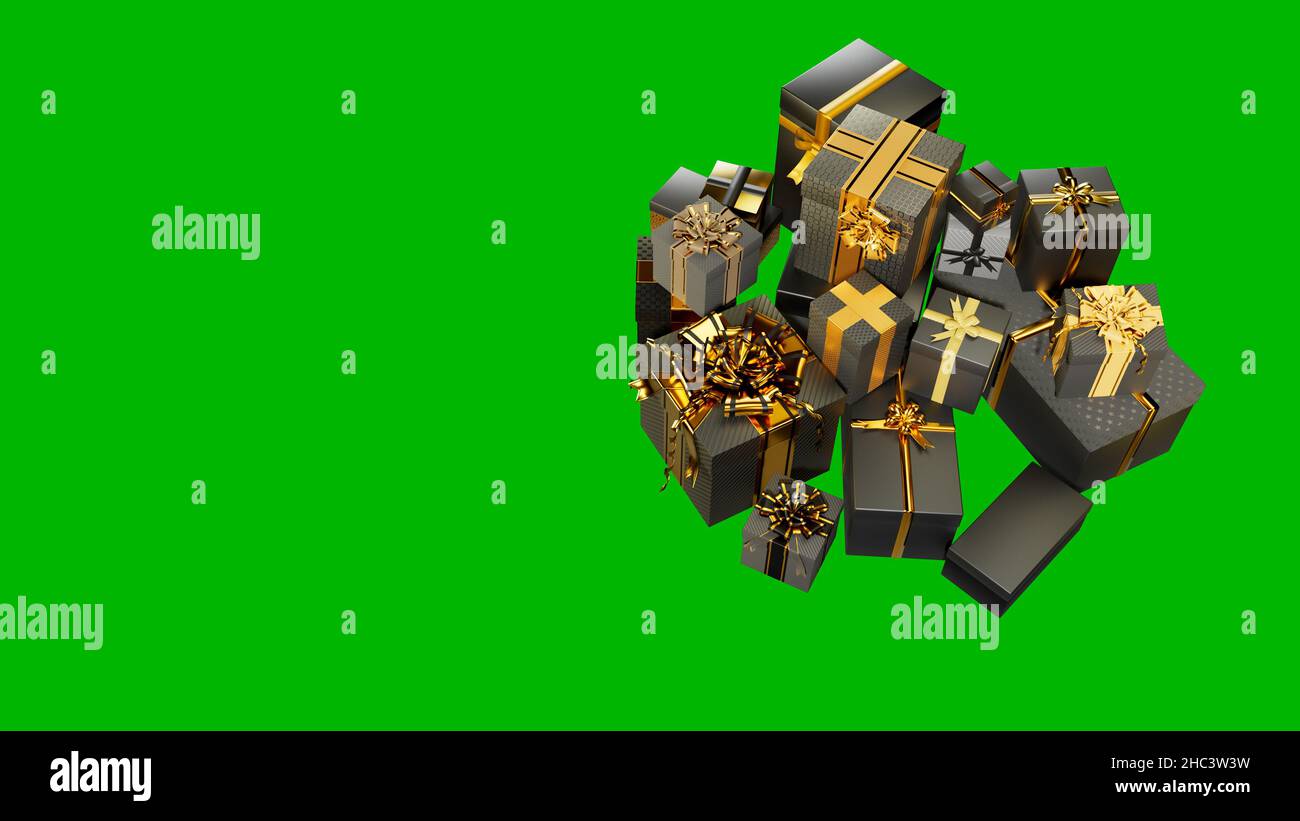 black set of gifts with reflection on chroma key screen, isolated ...