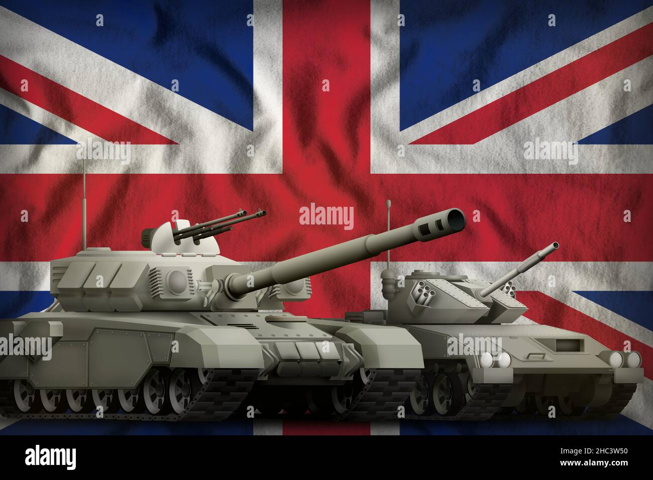 tanks on the United Kingdom (UK) flag background. United Kingdom (UK ...