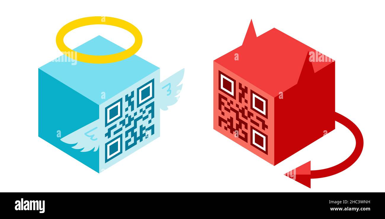 Vector illustration of a angel and devil in isometric style with QR ...