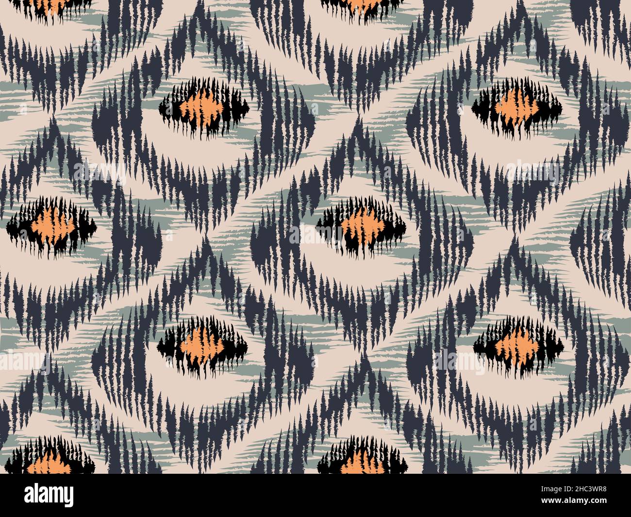 Vintage vector seamless pattern in ikat style. Retro ikat pink pattern with abstract peacock ...