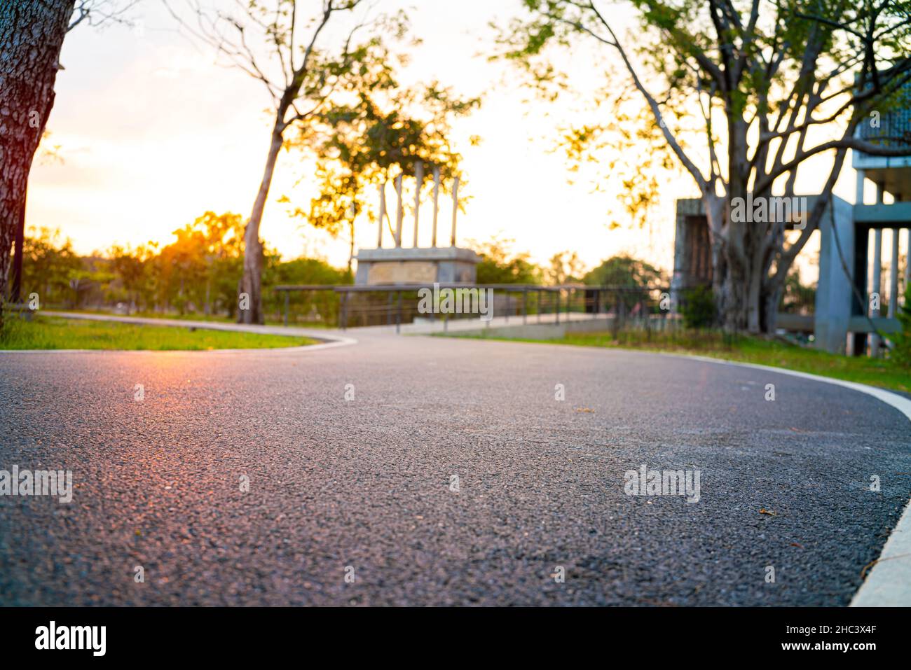 Asphalt walk and running pathway in green city park sunset nature ...