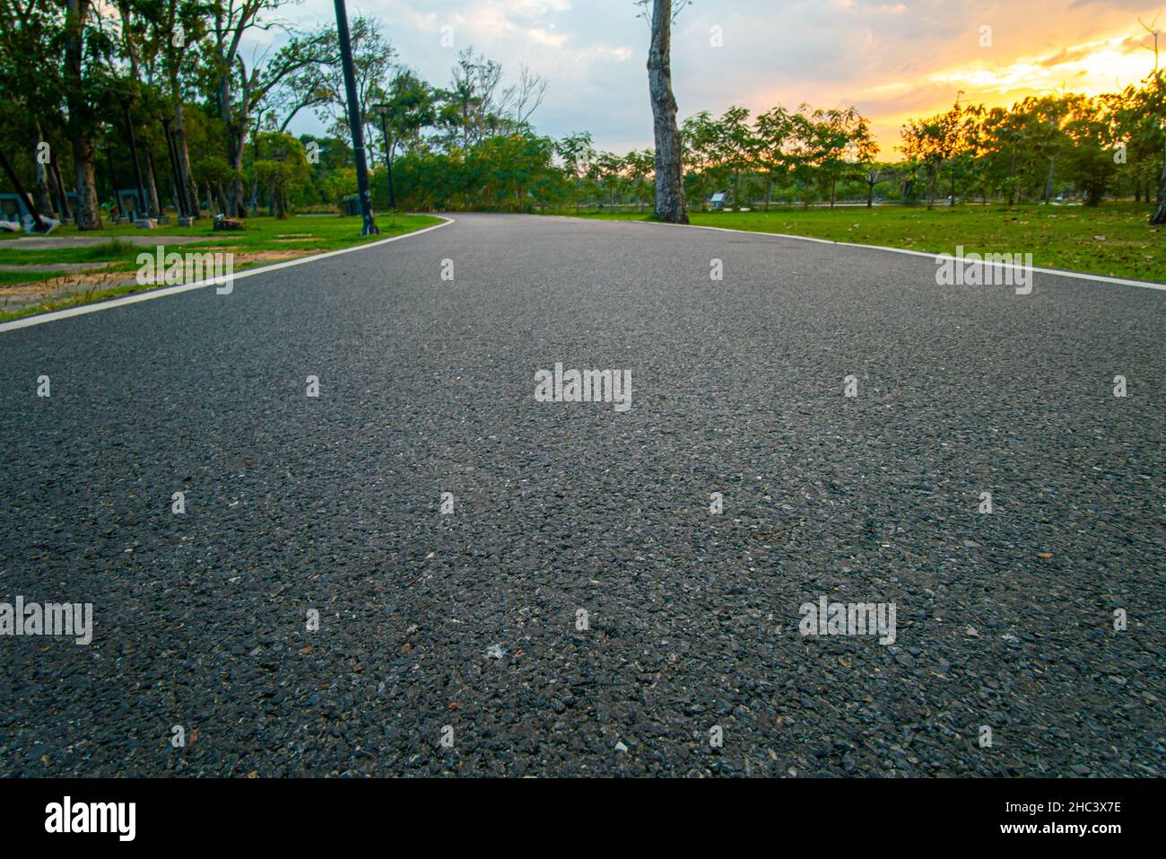 Empty asphalt pathway road in city park sunset running path Stock Photo ...