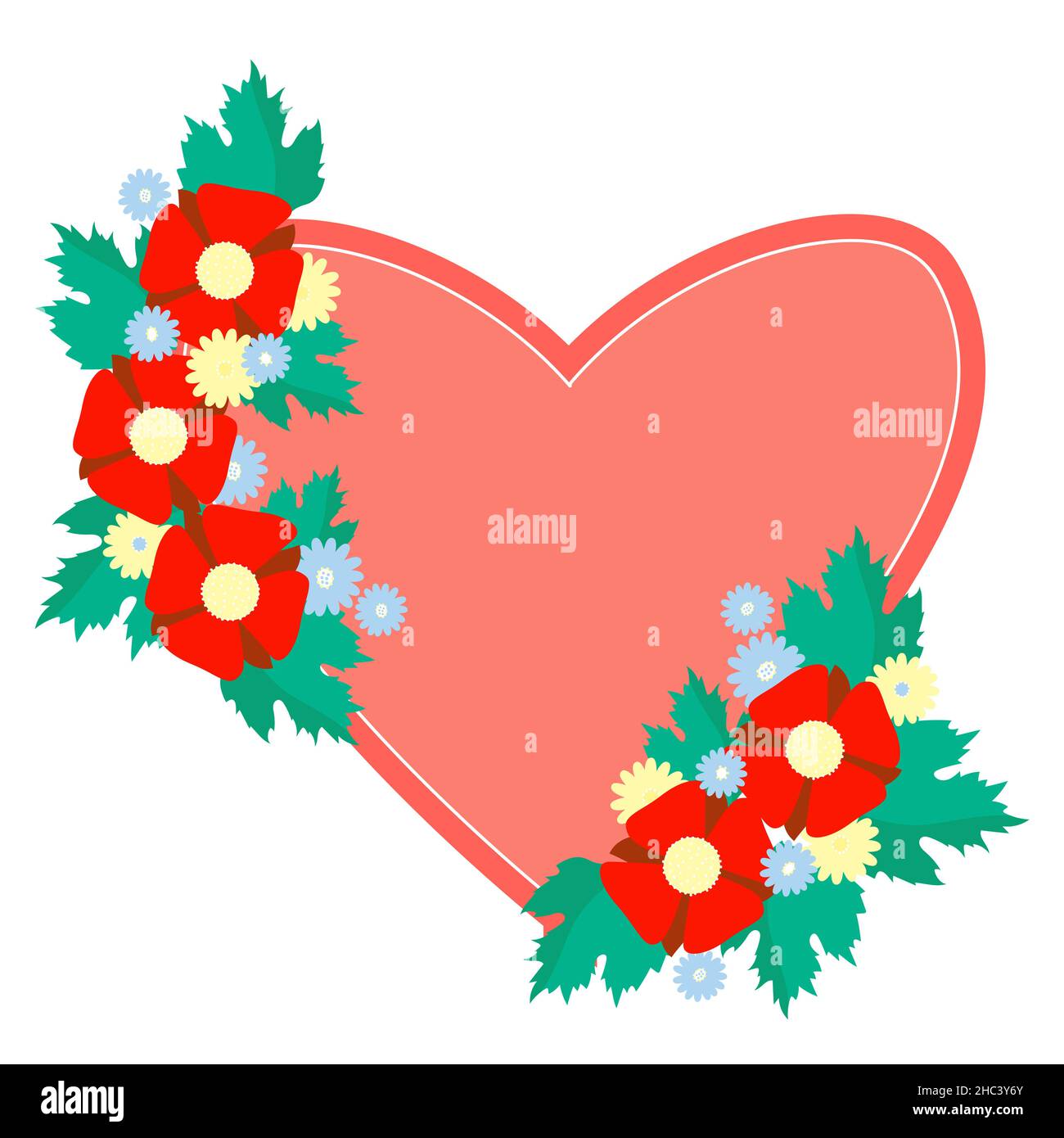 Love symbol. heart in floral bouquet of red flowers, white daisies and ...