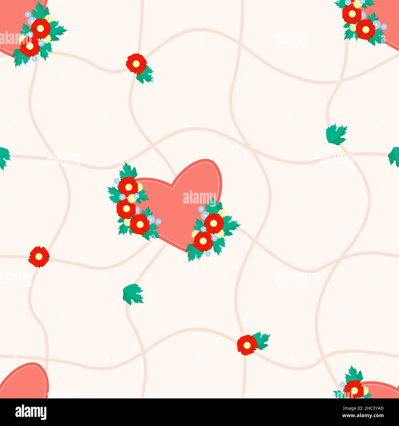 Seamless pattern. Big red heart in a bouquet of flowers on white ...