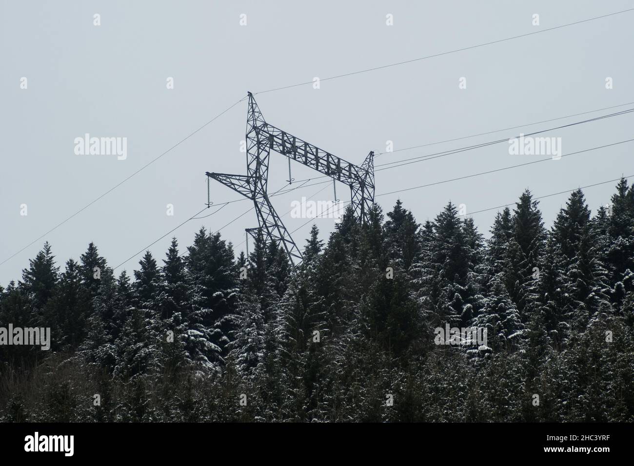 High voltage pylon in mountain landscape covered in snow in Vosges ...