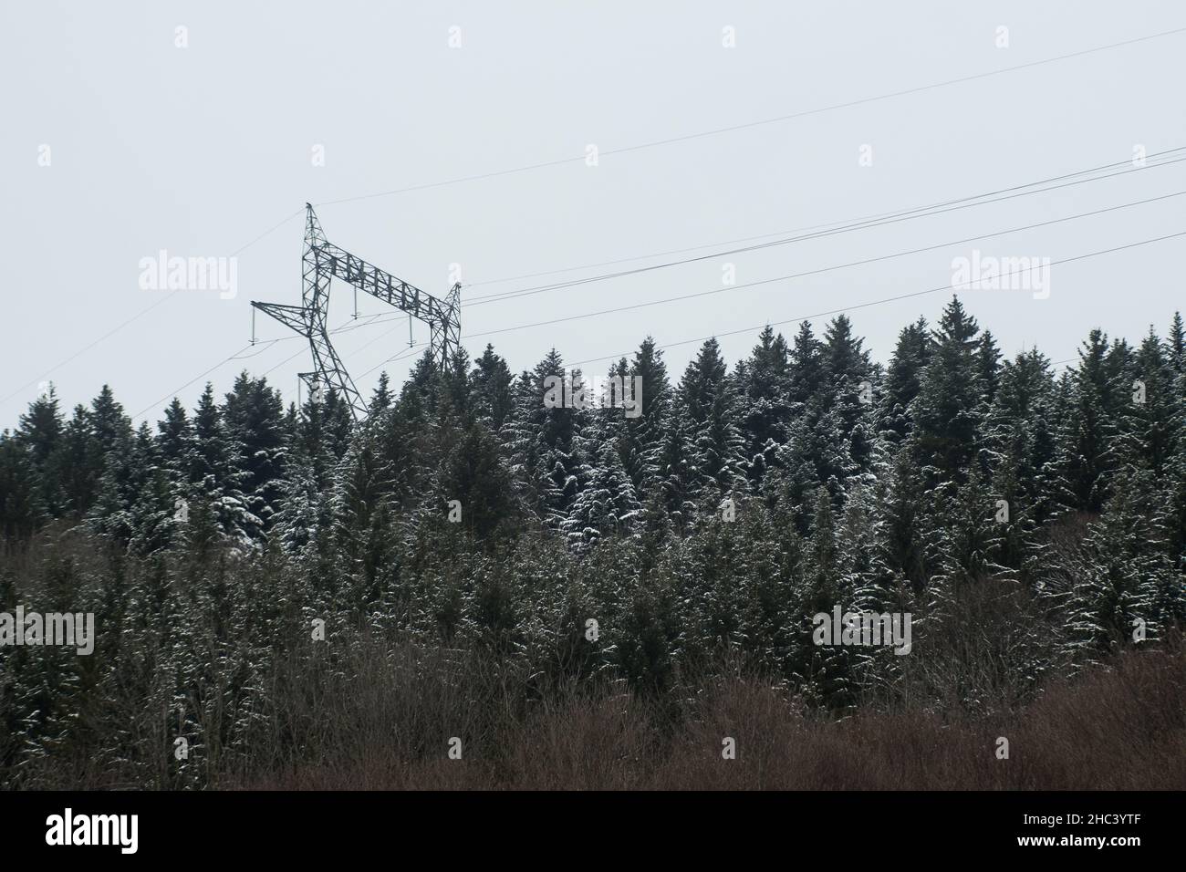 High voltage pylon in mountain landscape covered in snow in Vosges ...