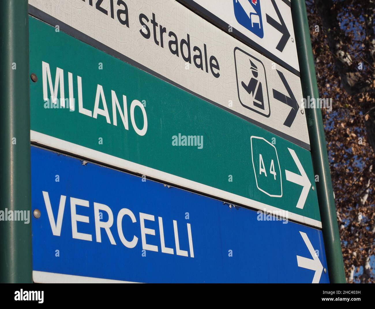 Direction signs towards Milan and Vercelli in northern Italy ...