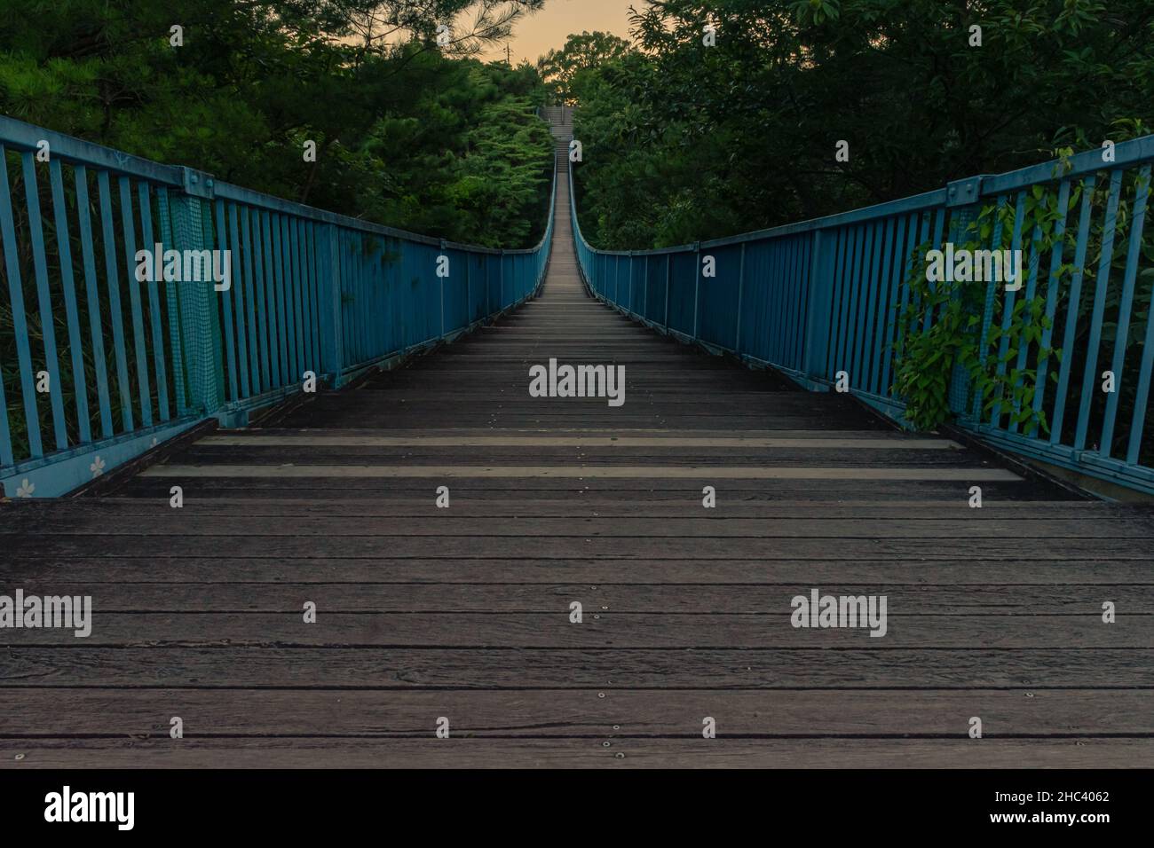 Wooden bridge with blue railings in Japan Stock Photo - Alamy