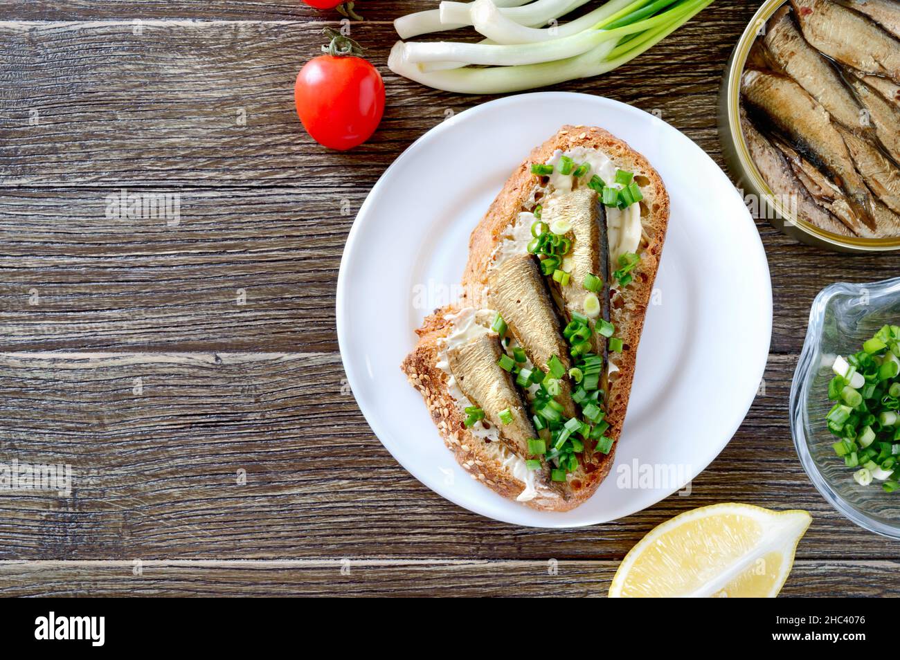 Tapas with sprats. Spanish traditional appetizer. Top view, overhead ...