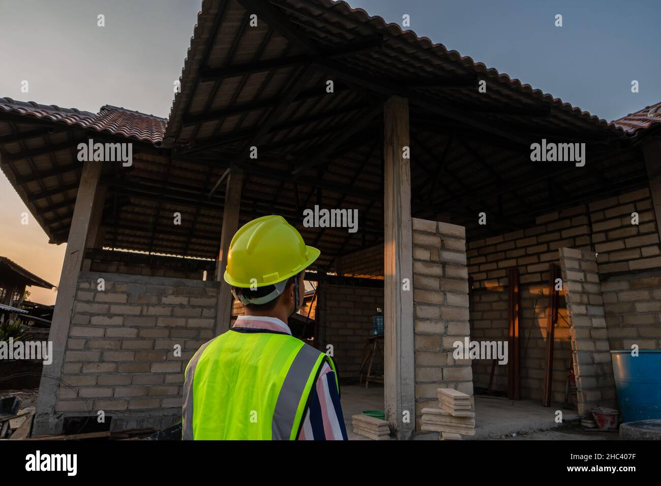 Business inspecture man in construction site engineer house building ...