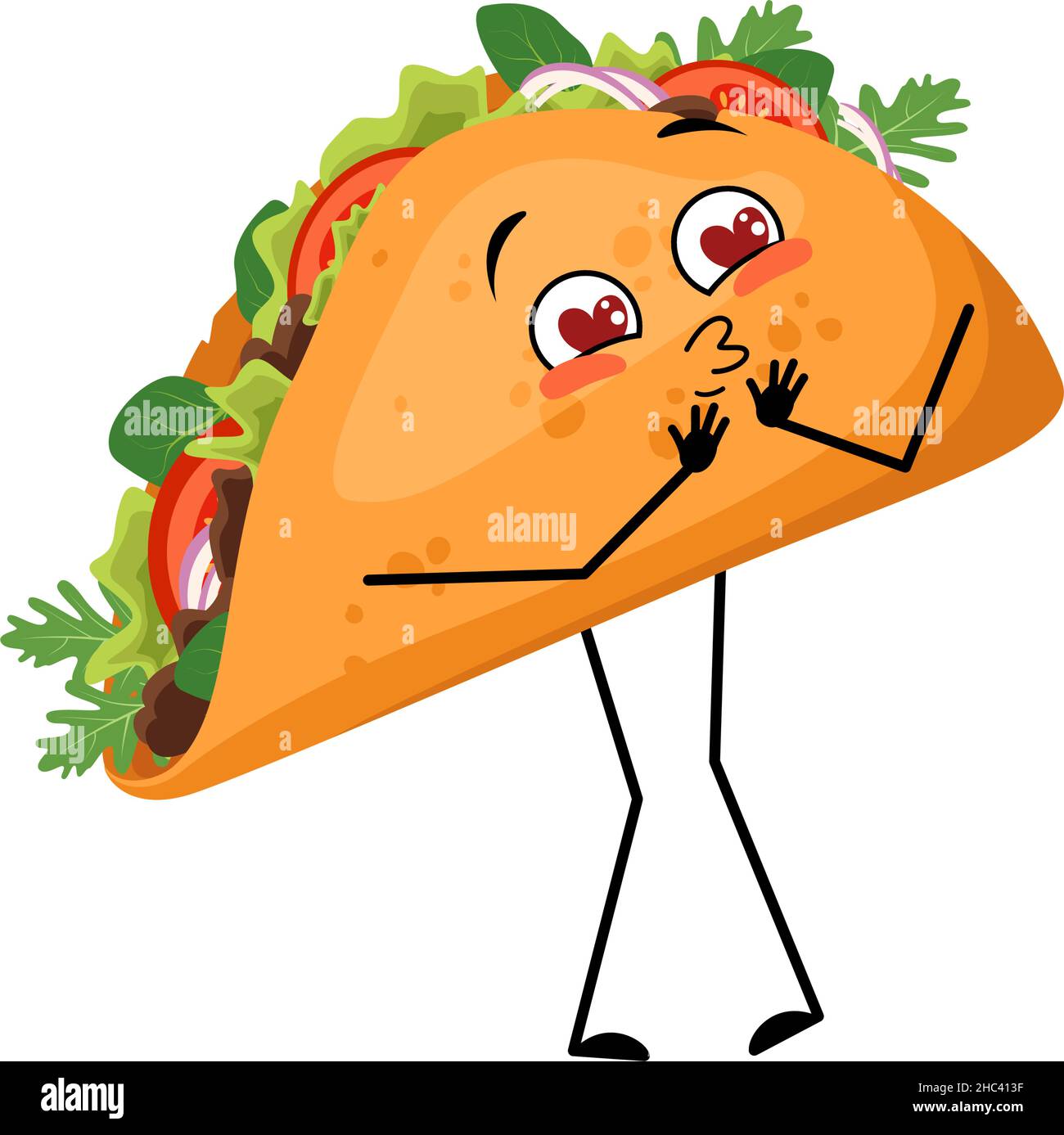 Cute character mexican taco with love emotions, smile face, arms and ...
