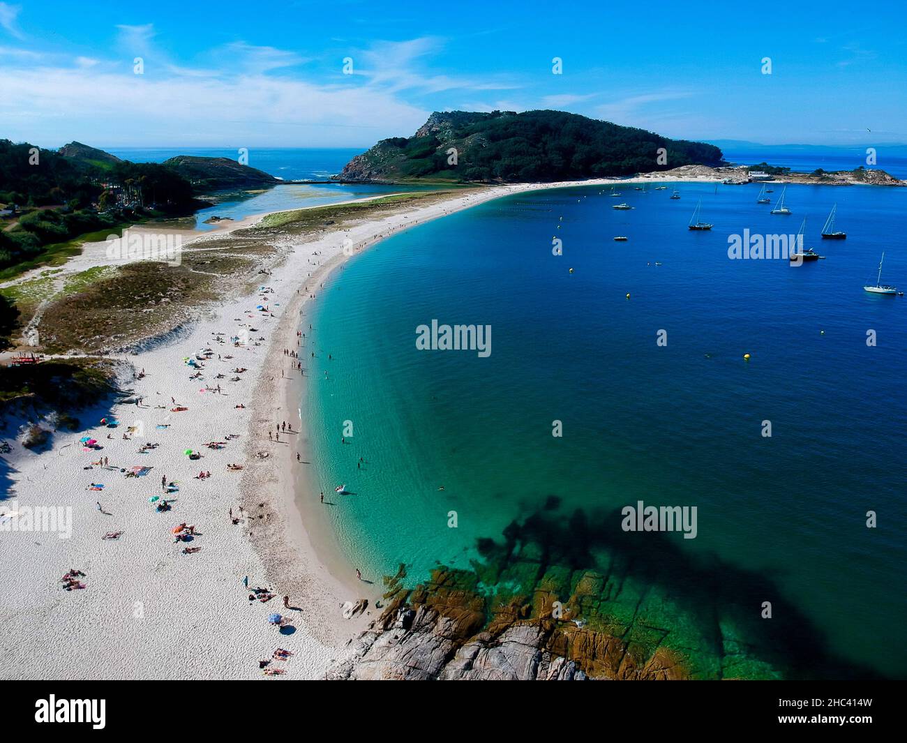 Aerial view of the beautiful Cies Islands in Spain during daylight ...